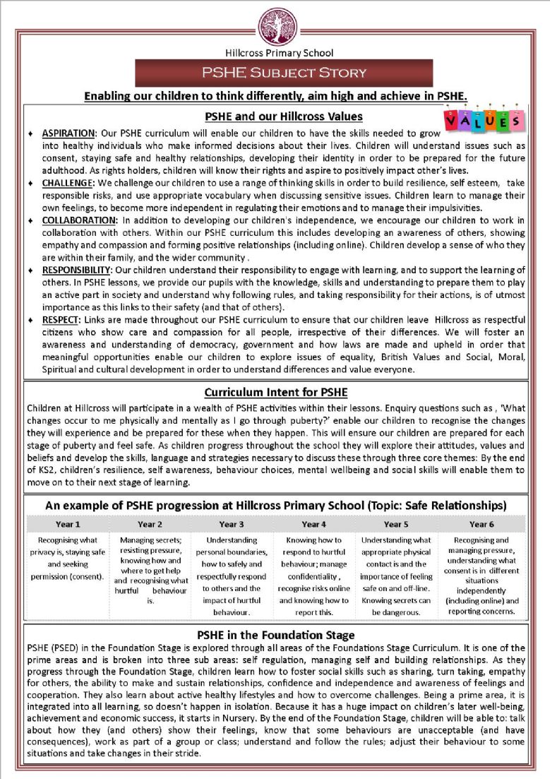 Hillcross Primary - Personal, Social, Health Education (PSHE)